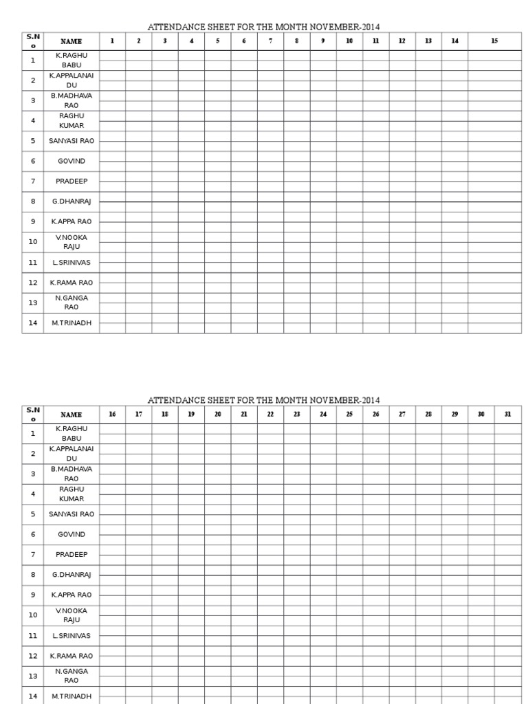 November 2014 Labour Attendance Sheet | PDF