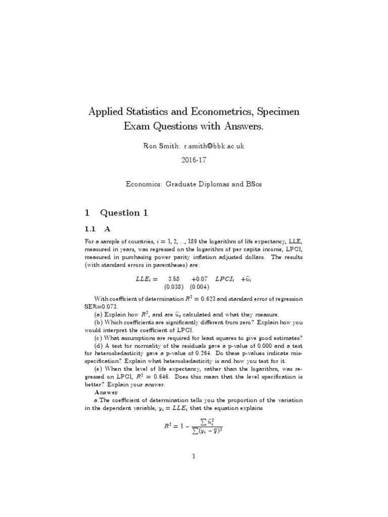 Applied Statistics and Econometrics, Specimen Exam Questions With Answers | PDF | Errors And ...