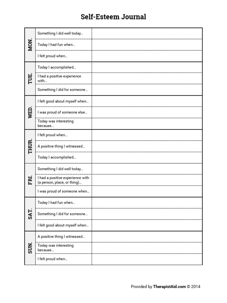 Weekly Self-Esteem Journal Template | PDF