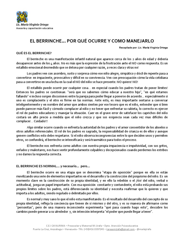 El Berrinche, Que Es y Como Manejarlo. | PDF | Adultos | Jardín de infancia