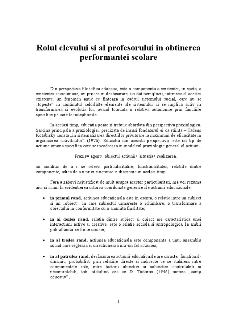 Rolul Elevului Si Al Profesorulu Iin Obtinerea Performantelor Scolare | PDF