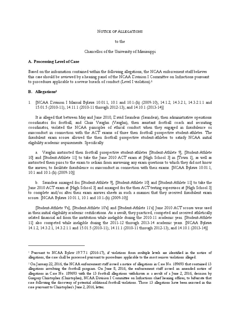 2017 Notice of Allegations (Redacted) | PDF | National Collegiate ...
