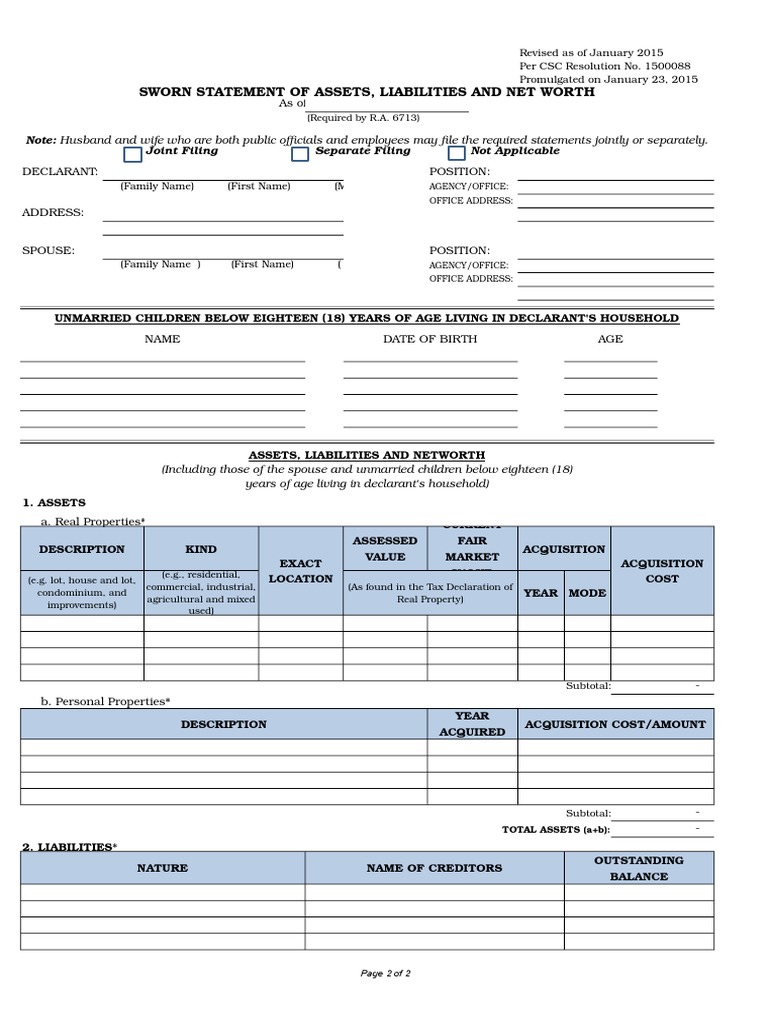 SALN Form for Public Officials | PDF | Mergers And Acquisitions | Net Worth