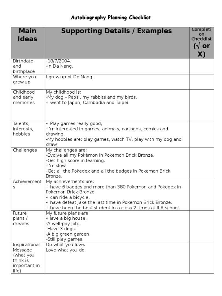 Autobiography Checklist Hoa 1 | PDF