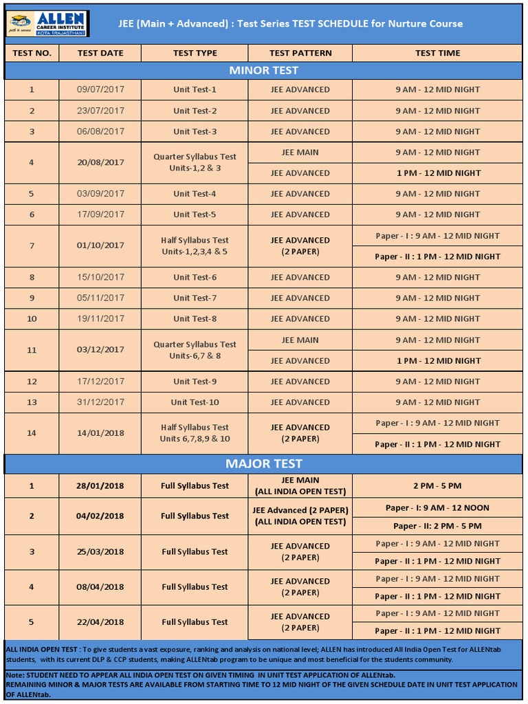 JEE Main Advanced Test Schedule PDF | PDF