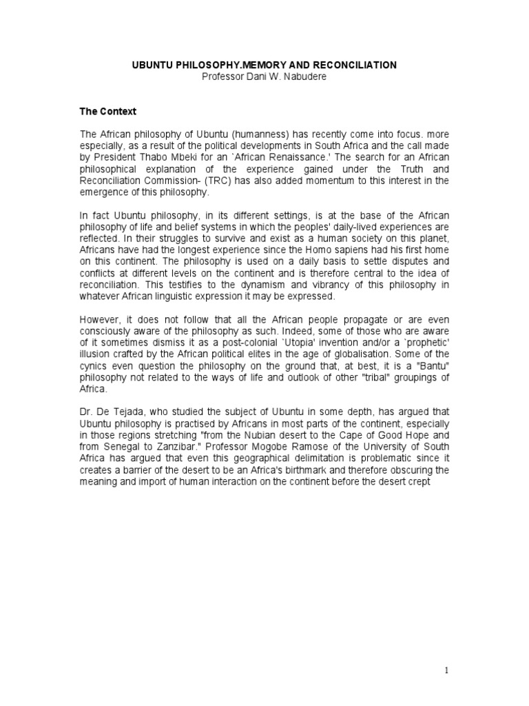 Nabudere Ubuntu Philosophy Memory and Reconciliation PDF | PDF ...