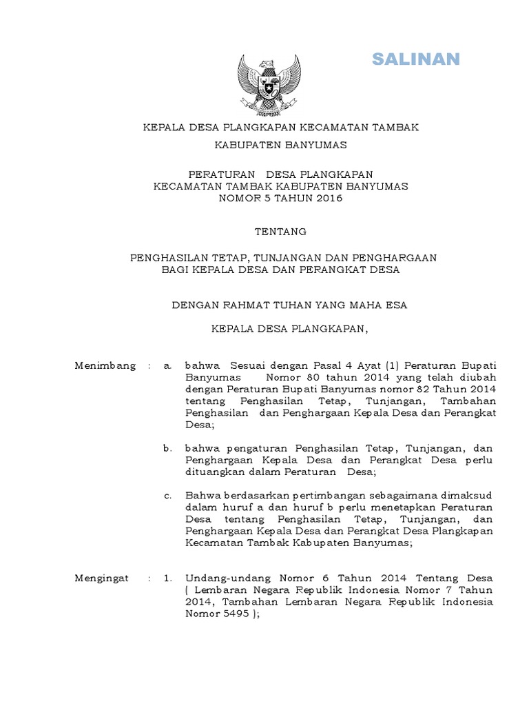 Perdes No 5 Tahun 2016 Tentang Siltap, Tunjangan Dan Penghargaan Bagi Kades Dan Perdes | PDF
