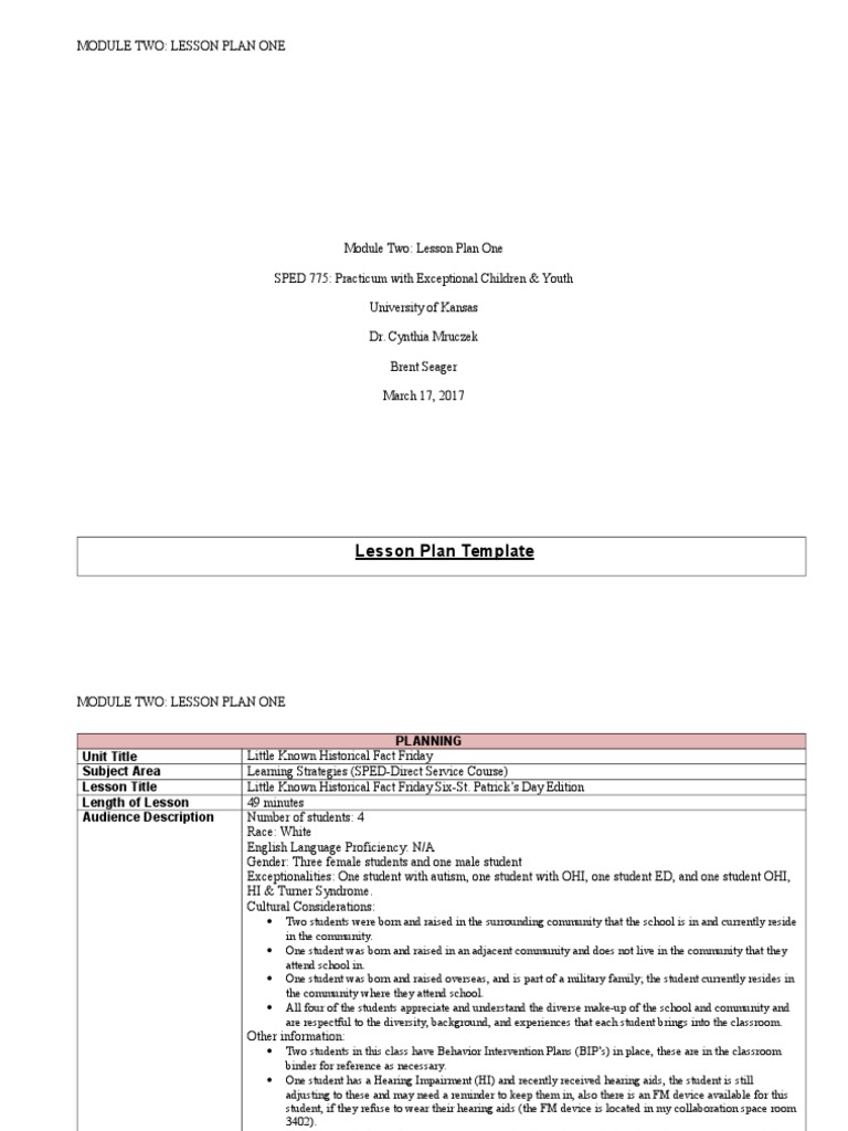 Module Two: Lesson Plan One: L Ess o NP L An Template | PDF ...