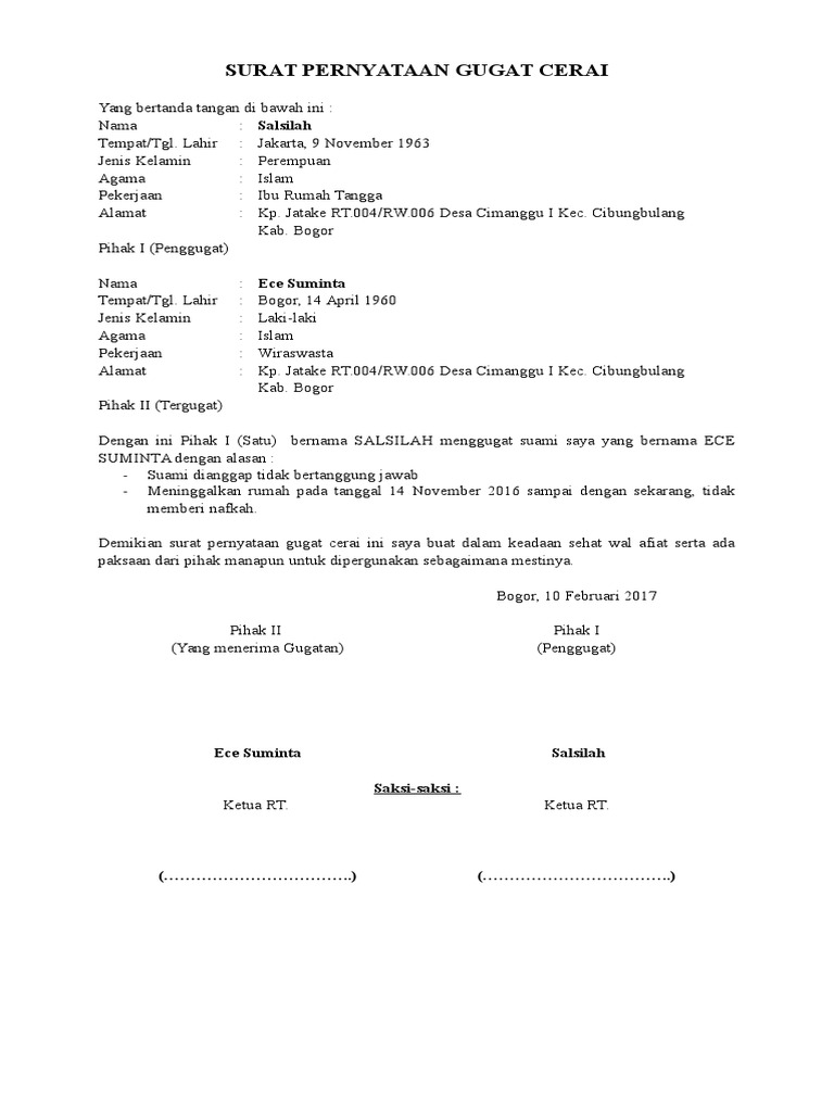 Surat Pernyataan Gugat Cerai | PDF