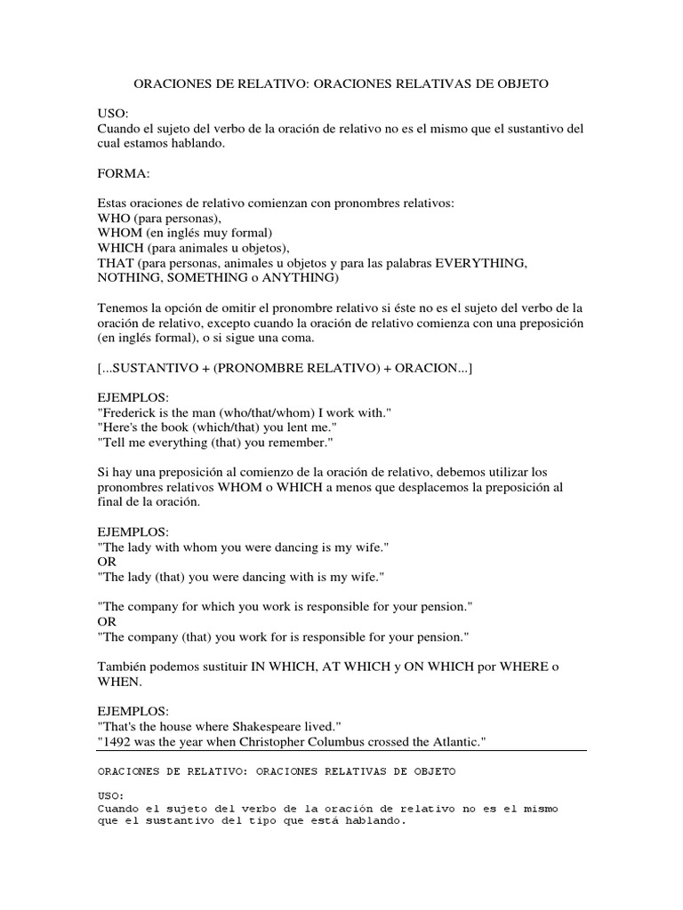 Guía de Oraciones Relativas y Adverbiales | PDF | Asunto (gramática ...