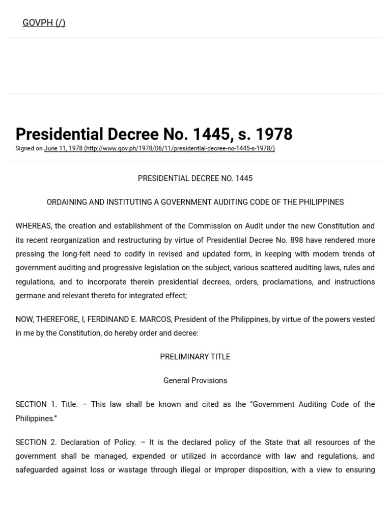 Presidential Decree No. 1445 Advance Payment | Auditor's Report | Audit