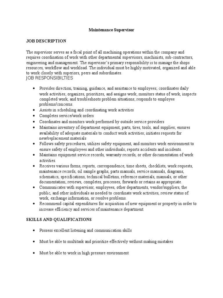 Maintenance Supervisor Job Description | PDF | Supervisor | Employment