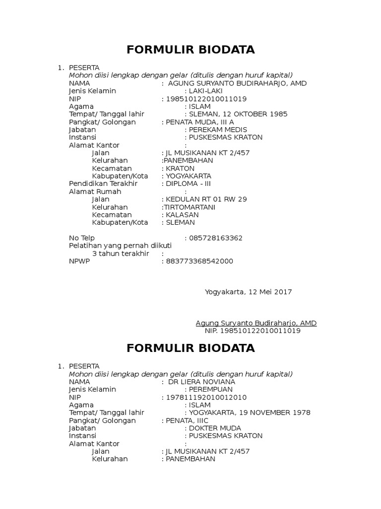 Formulir Biodata Peserta | PDF