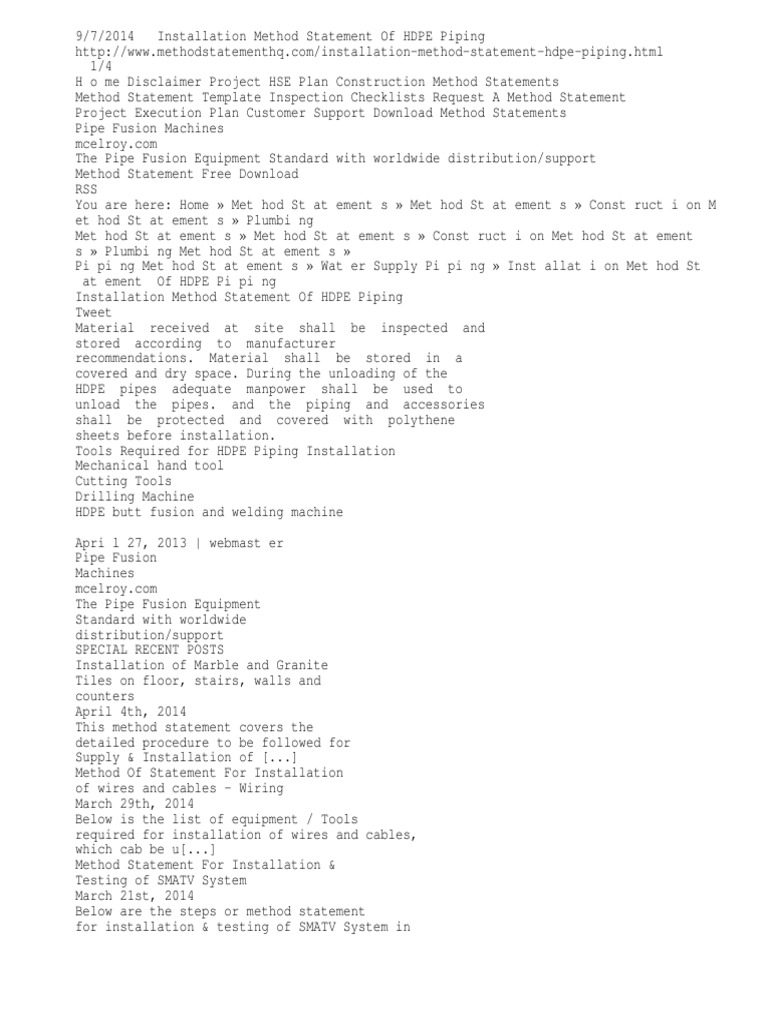 Installation Method Statement of HDPE Piping PDF | PDF | Pipe (Fluid ...