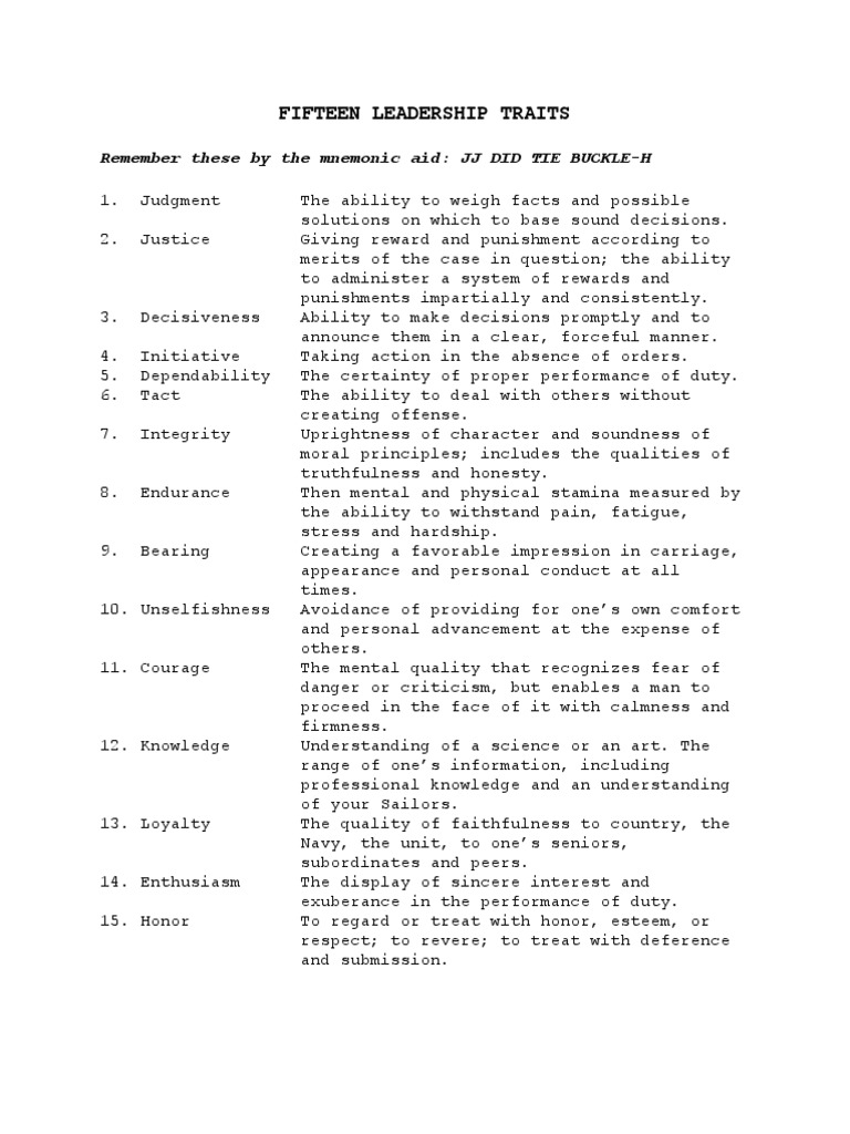 Fifteen Leadership Traits: Remember These by The Mnemonic Aid: JJ DID ...