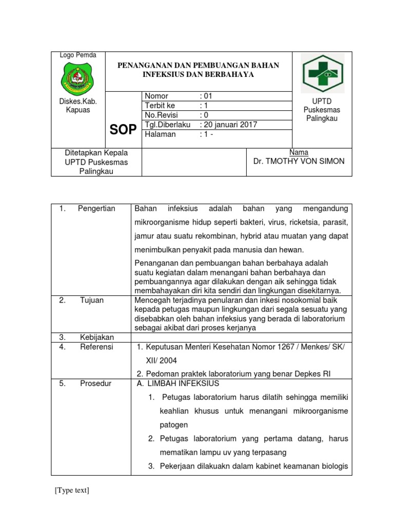 SOP Penanganan Dan Pembuangan Bahan Infeksius Dan Berbahaya | PDF