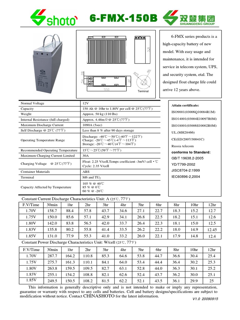 Battery 6-FMX-150B, 12V150Ah Description PDF | PDF | Battery ...