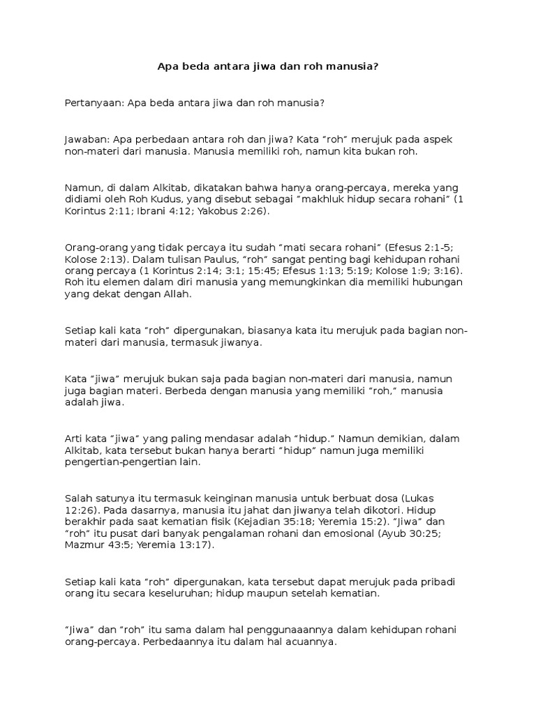 Apa Beda Antara Jiwa Dan Roh Manusia? | PDF