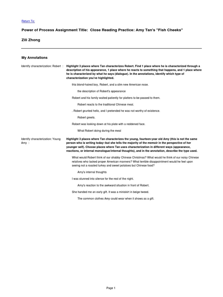 Close Reading Practice Amy Tans Fish Cheeks | PDF | Foods