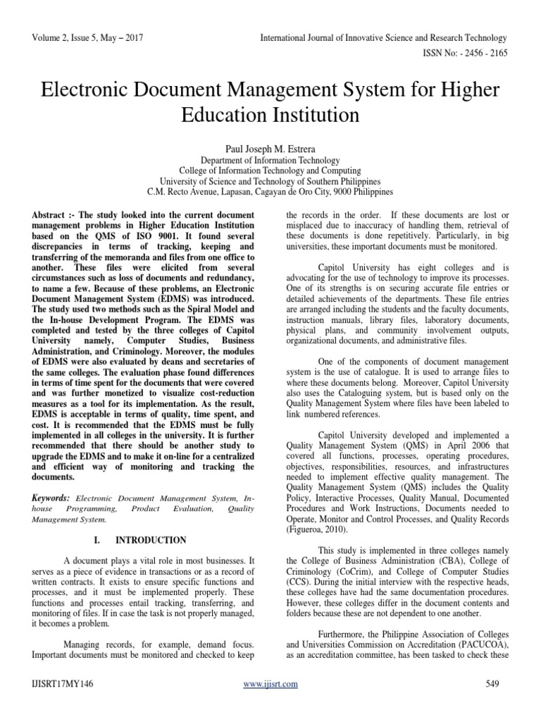 Electronic Document Management System For Higher Education Institution ...