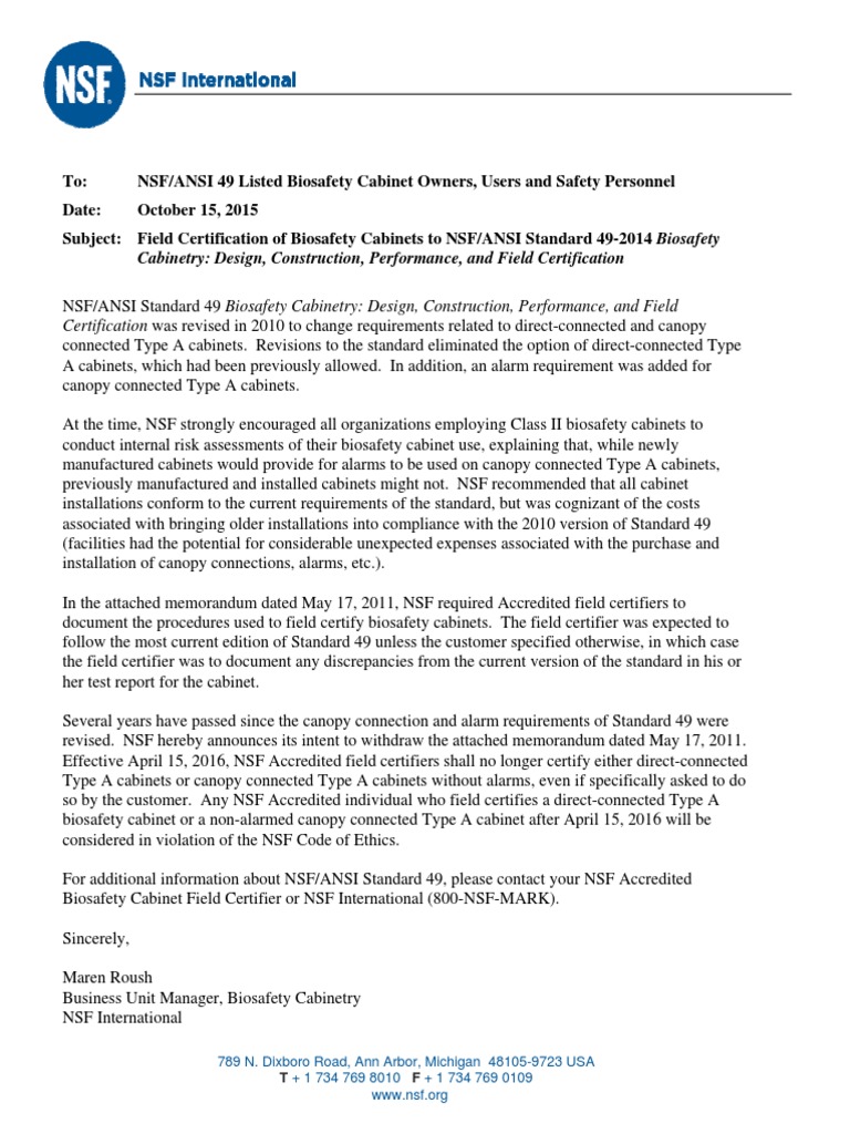 NSF Biosafety Cabinet Memo Canopy Connections | PDF | Prevention | Safety