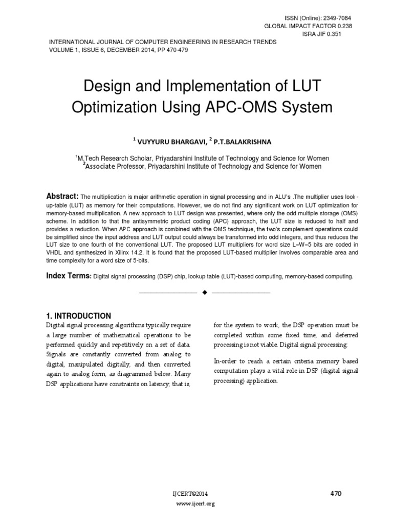 Design And Implementation Of Lut Optimization Using Apc Oms System Pdf Digital Signal