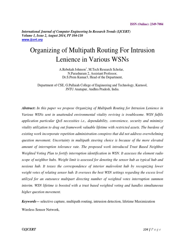 Organizing of Multipath Routing For Intrusion Lenience in Various Wsns | PDF | Wireless Sensor ...