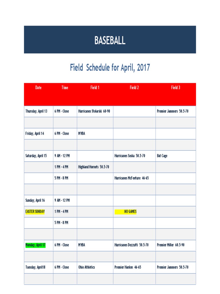 April to June 2017 Baseball Schedule | PDF | Workweek And Weekend | Sports