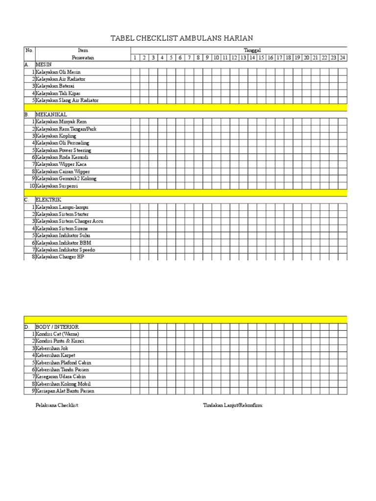 Tabel Checklist Ambulance | PDF