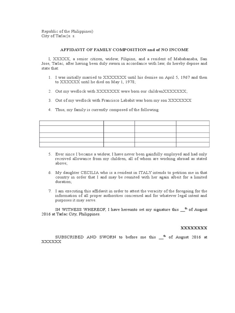 Affidavit of Family Composition and No Income | PDF