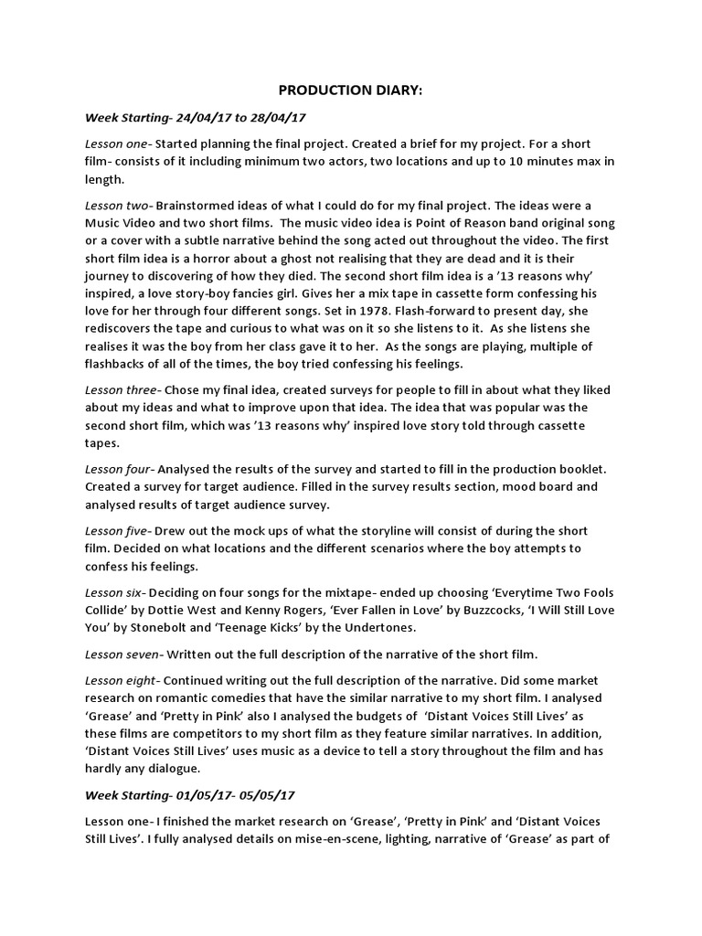 Production Diary | PDF | Filmmaking | Leisure