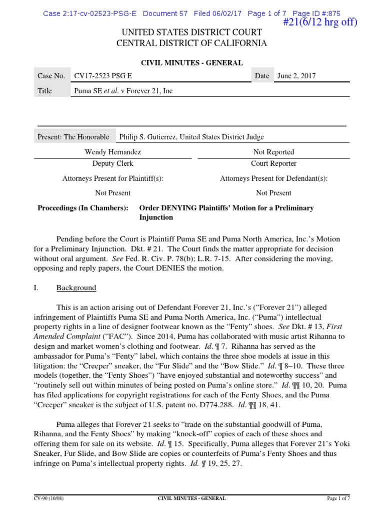 Puma v. Forever 21 - Order Denying PI | PDF | Injunction | Damages
