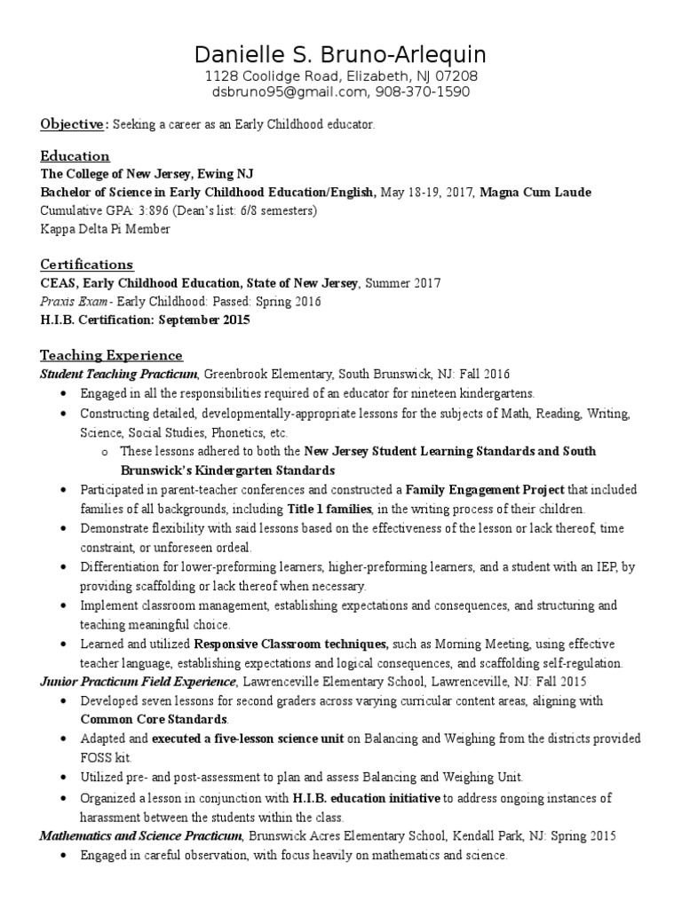 Resume of Danielle Bruno-Arlequin | PDF | Preschool | Early Childhood Education