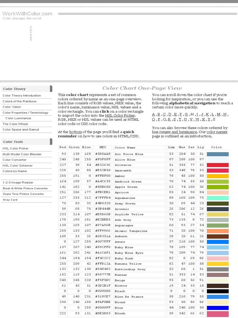 Color Chart, Colors by Name & HTML Color Code in CSS, HEX, RGB, HSL ...