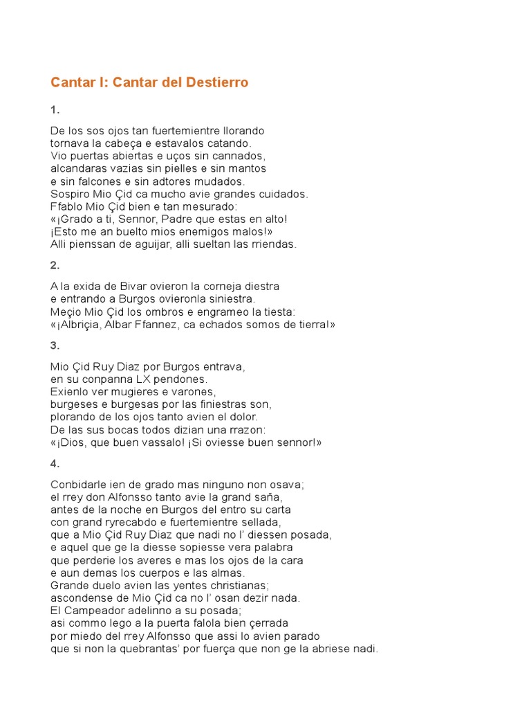 Cantar I - Cantar Del Destierro 1 Al 21 | PDF | Etnopoética | Poesia ...