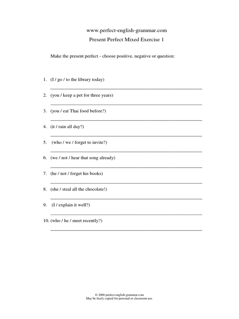 Present Perfect Form Mixed Exercise 1 | PDF | Leisure