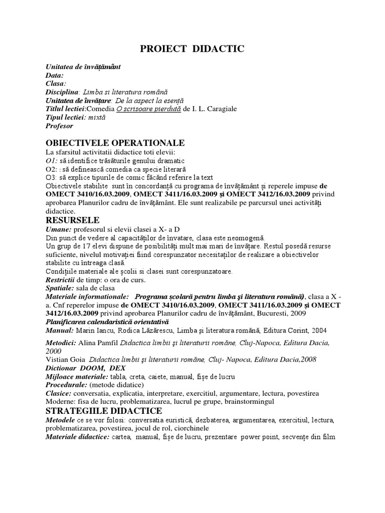 PROIECT DIDACTIC - Model Limba Romana | PDF