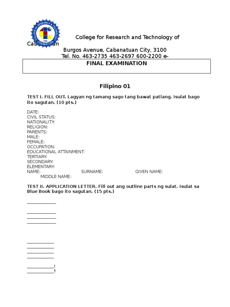 Final Exam in Filipino 01 16-17