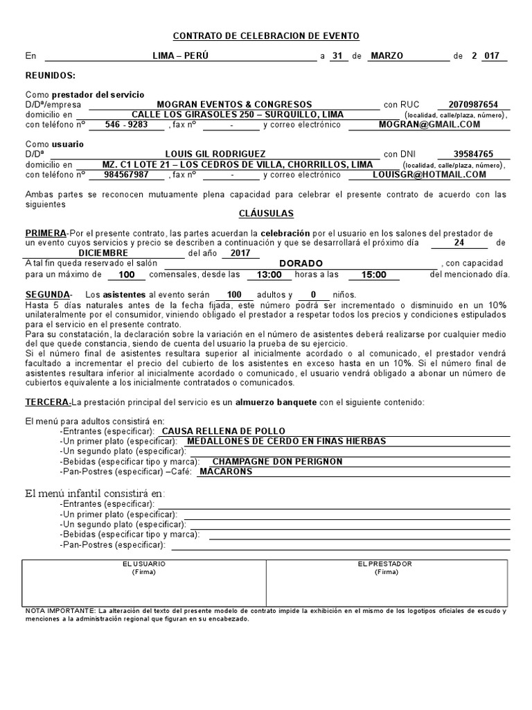 CONTRATO PARA EVENTOS Y BANQUETES | Business