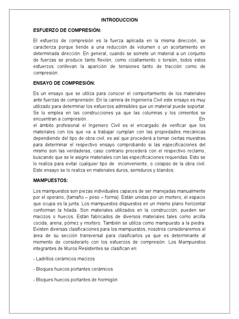 INTRODUCCION Esfuerzo de Compresion | PDF | Ladrillo | Ingeniería de ...