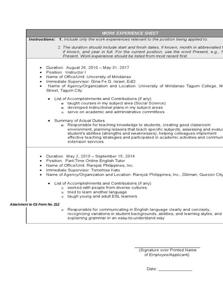 CS Form No. 212 Attachment - Work Experience Sheet | PDF | English As A ...