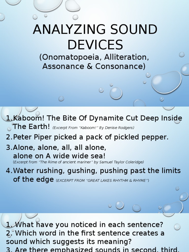 Analyze Sound Devices (Onomatopoeia, Alliteration, | Poetic Devices ...