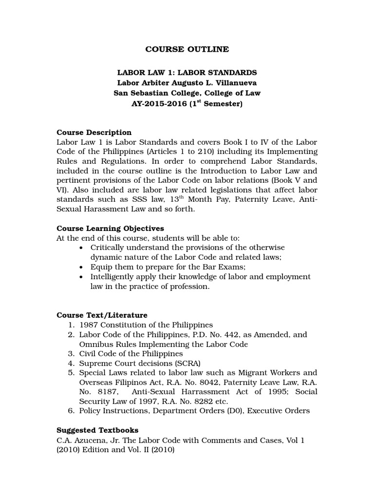 Labor Law 1 Course Outline on Labor Standards | PDF | International ...