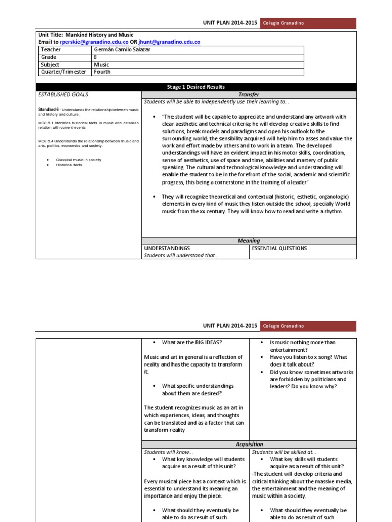 Mankind History and Music Unit Plan | PDF | Educational Assessment ...