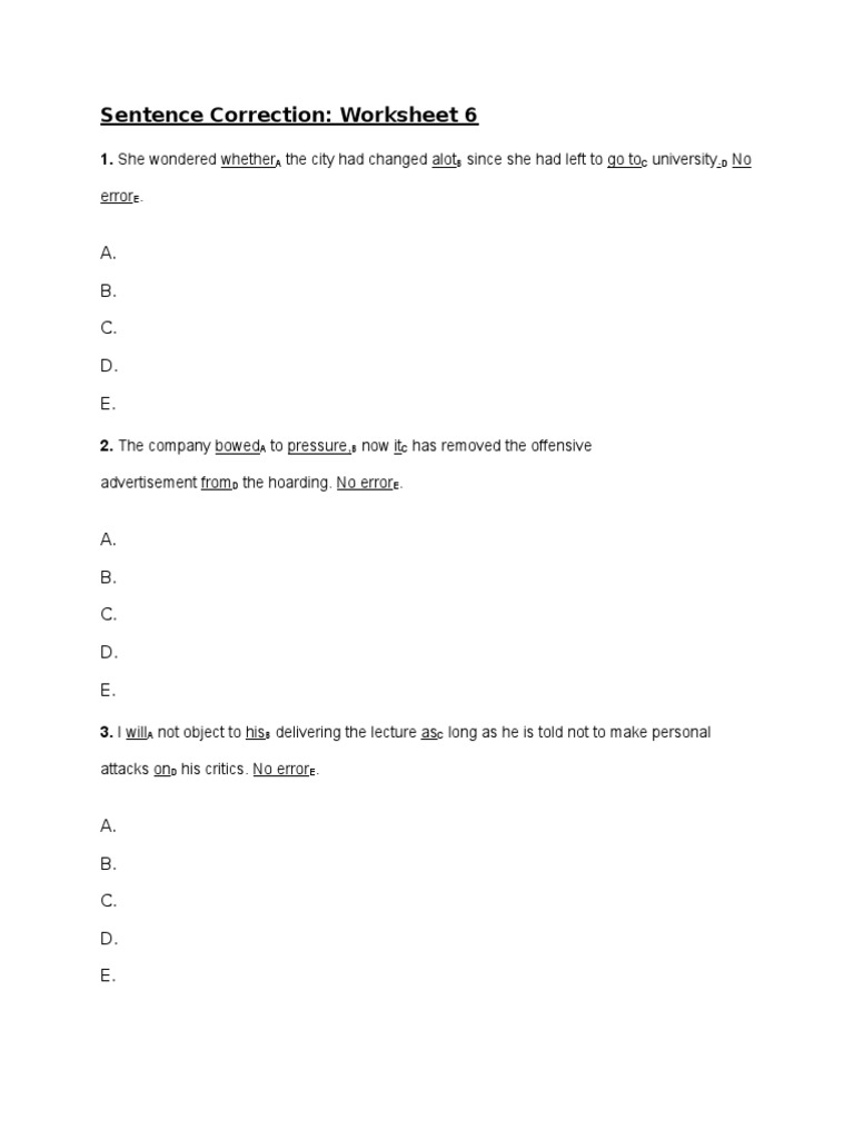 Sentence Correction: Worksheet 6: A. B. C. D. E | PDF | Cognitive ...