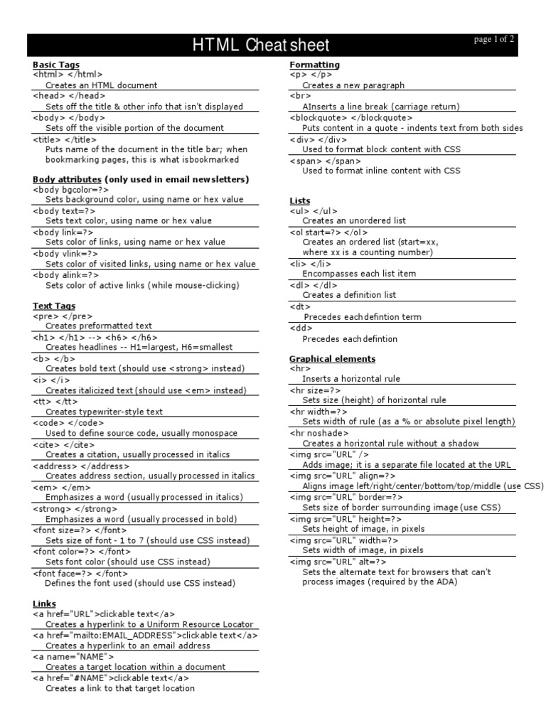 Htmlcheatsheet PDF | PDF | Cascading Style Sheets | Hyperlink