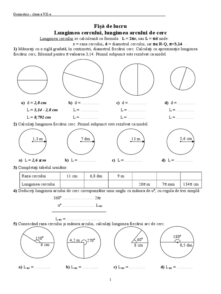 Fisa de Lucru - Lungimea Cercului & Aria Discului