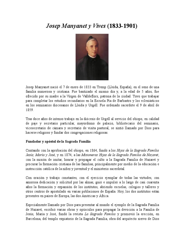 Padre Josep Manyanet y Vives | PDF | Seminario | Papa