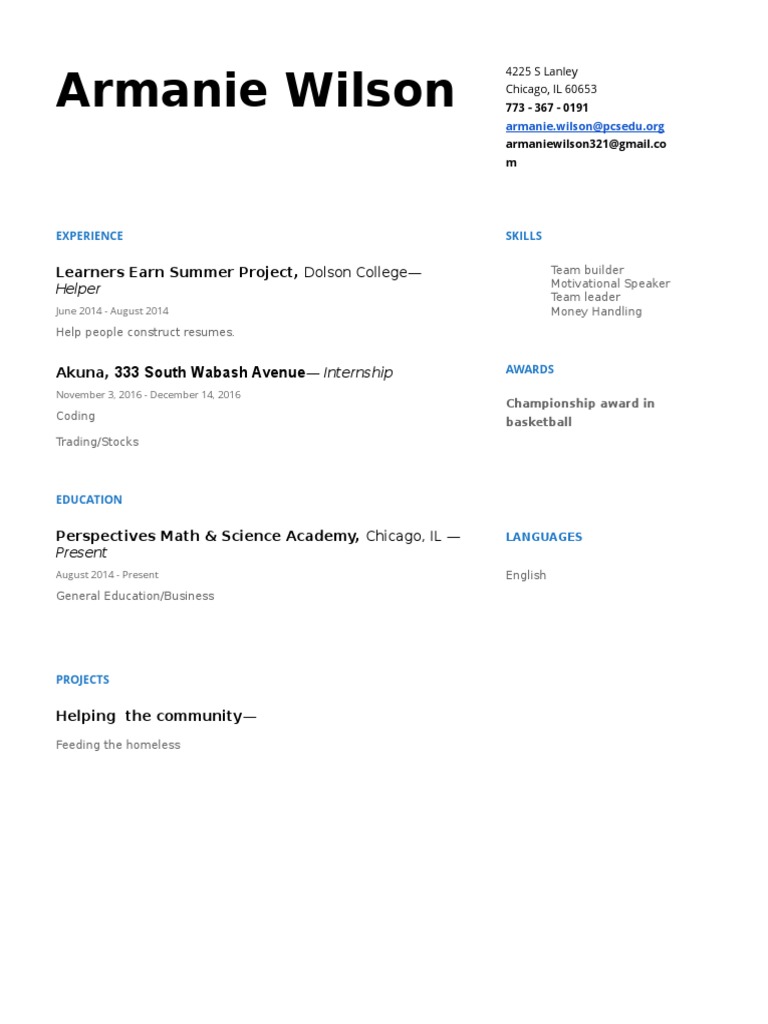 Armanie Wilson's Resume and Skills | PDF