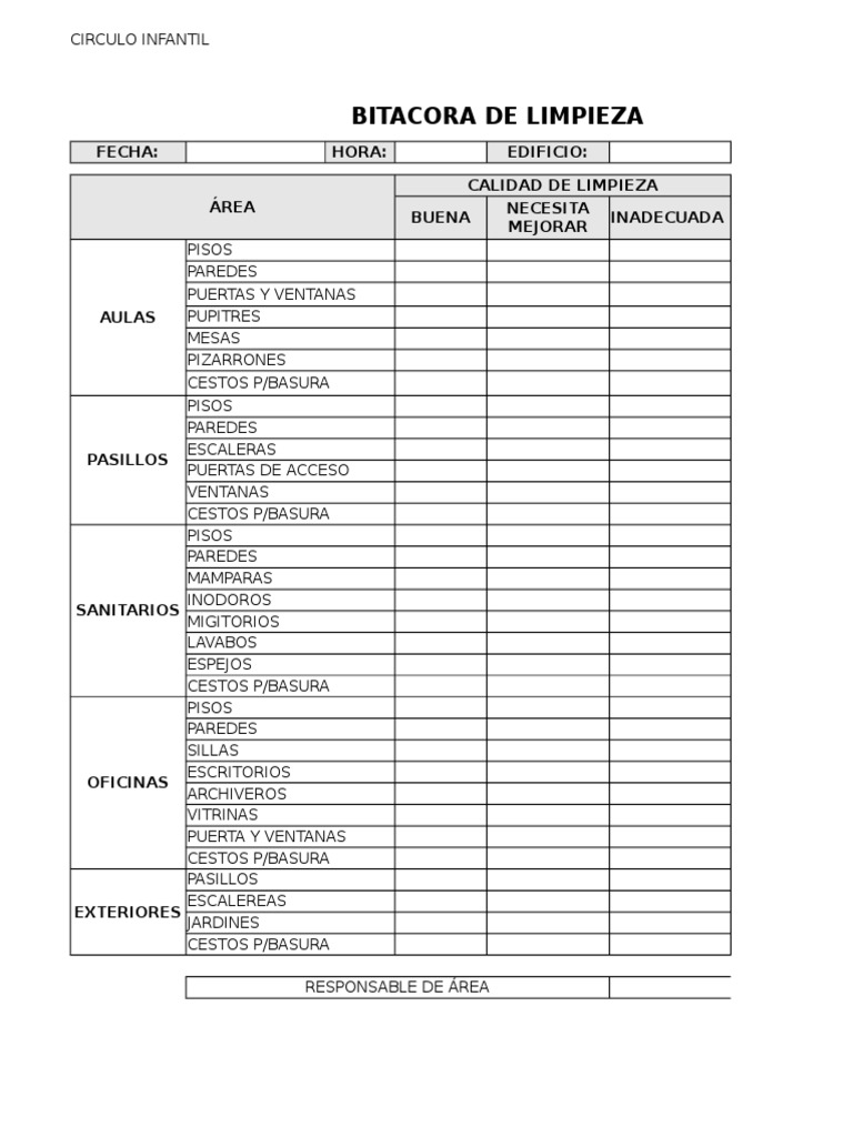 Bitácora De Limpieza Para Círculo Infantil Pdf Hogar Jardinería Y
